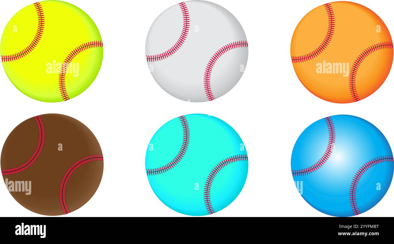 Baseball ball set of six with green yellow white orange brown sky blue ...