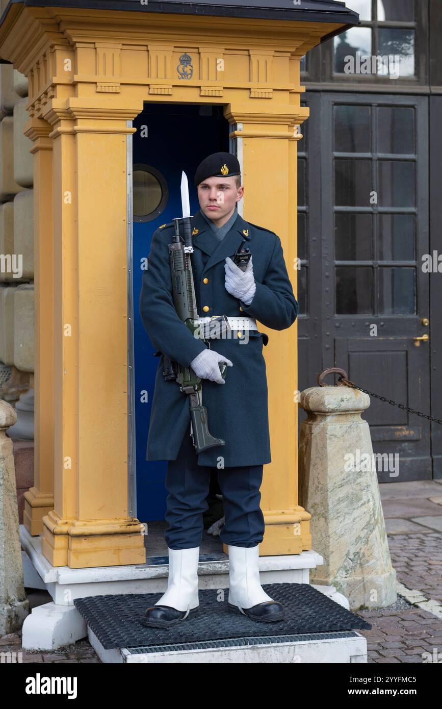 STOCKHOLM, SWEDEN - MARCH 09, 2019: Swedish guardsman guarding the ...