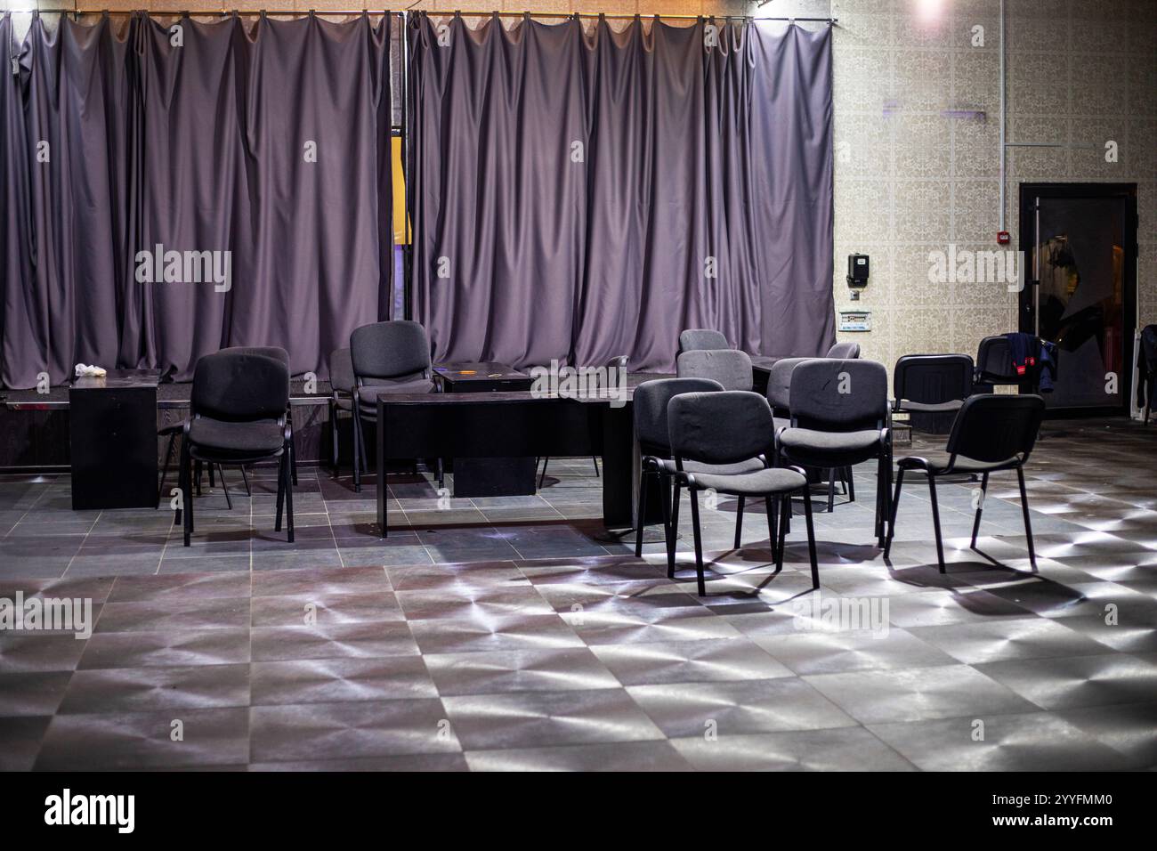 empty hall with gray interior with empty chairs after conference Stock ...