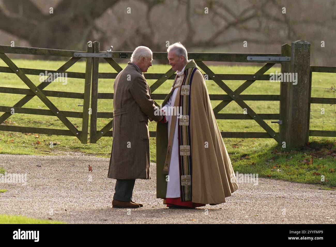 King Charles III arrives for a Sunday church service at St Mary ...