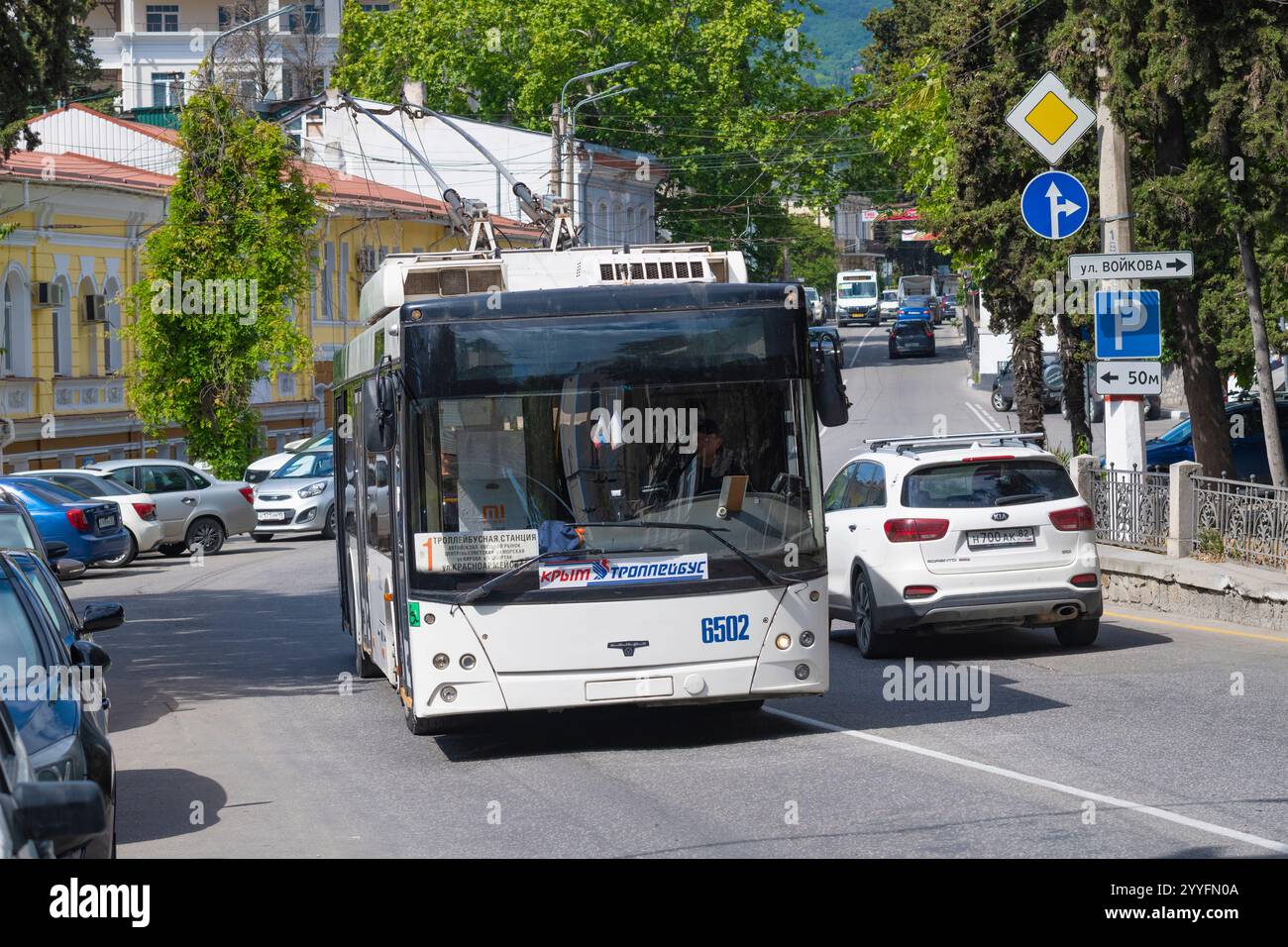 YALTA, CRIMEA - MAY 17, 2024: SVARZ-MAZ-6275 trolleybus on the route on ...