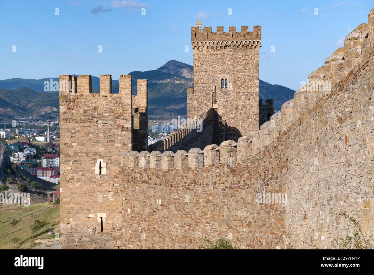 Wall and towers of the ancient Consular Castle of the medieval Genoese ...