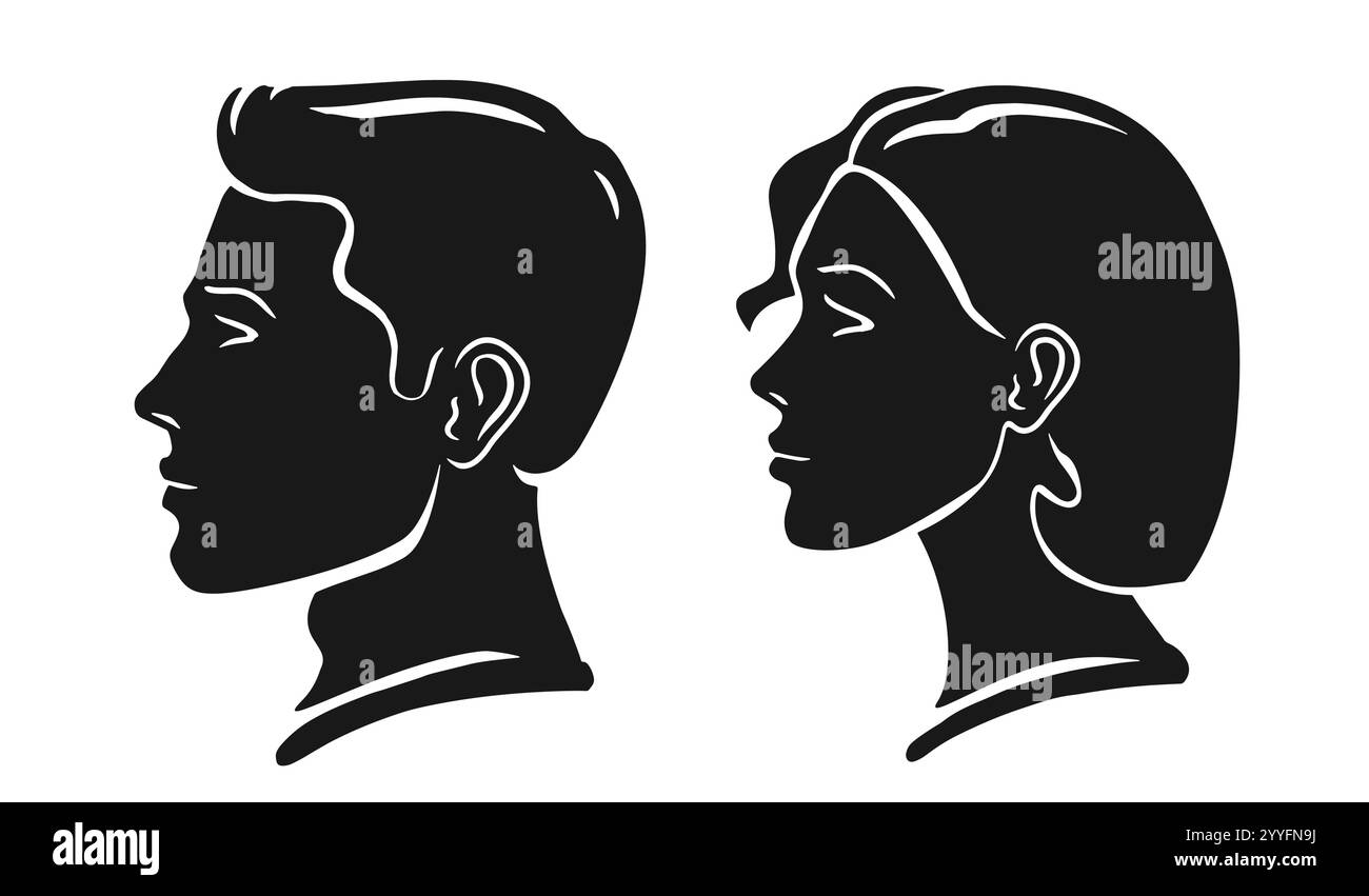 Silhouette man and woman portrait in profile. Male and female head logo ...
