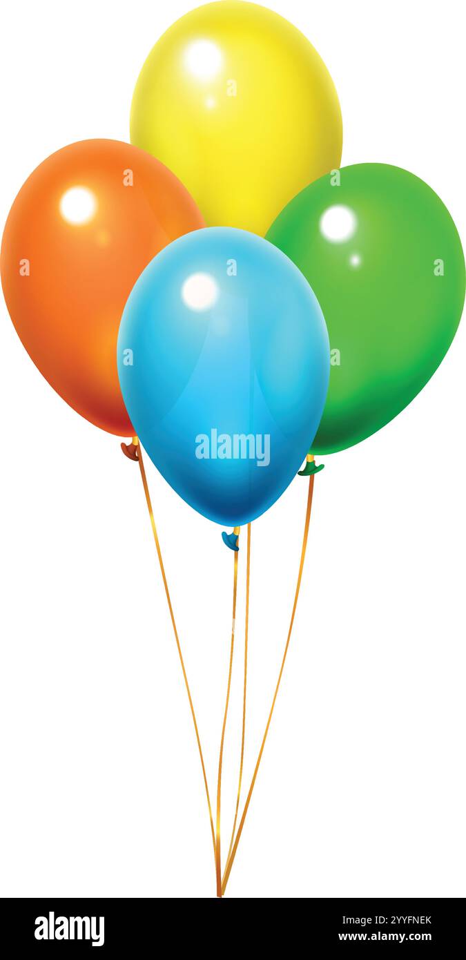 Four colorful balloons, orange, yellow, green and blue, floating with ...