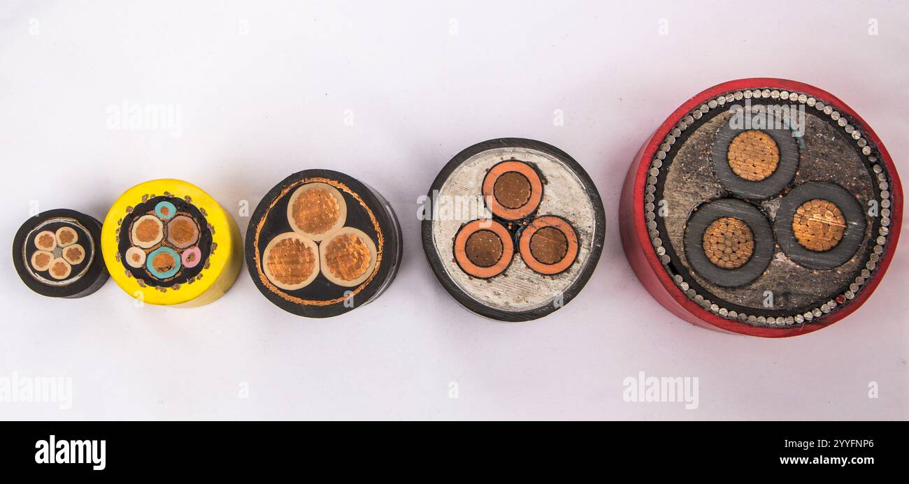 industrial copper cable, Cross section of high-voltage cable, polymer ...
