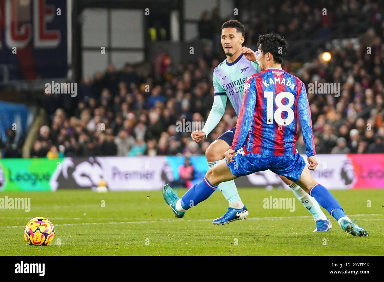 London, UK. 21st Dec, 2024. William Saliba of Arsenal under pressure ...