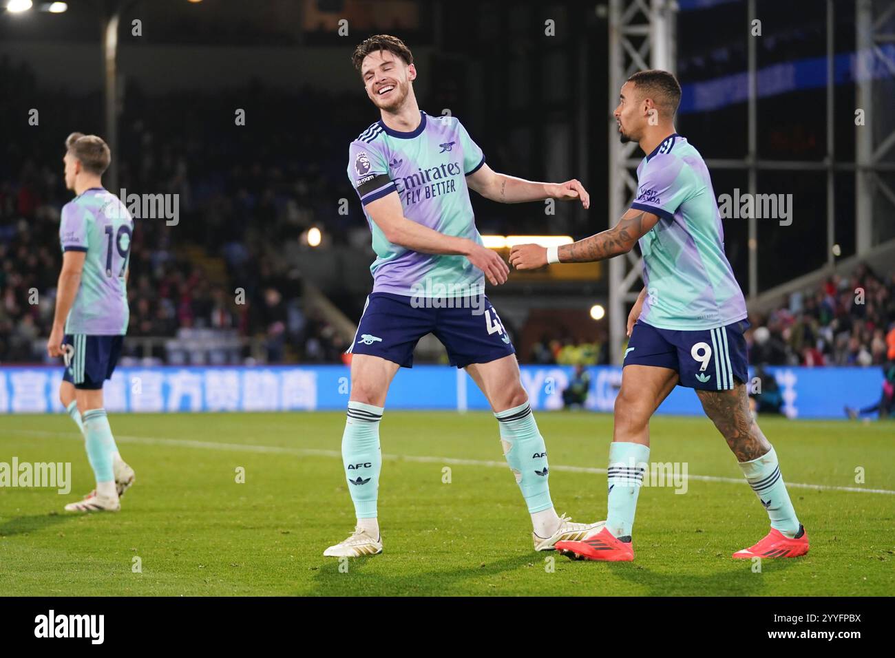 London, UK. 21st Dec, 2024. Declan Rice of Arsenal celebrating his goal ...