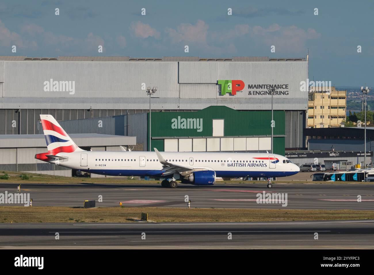 British Airways Airbus A321-251NX passenger plane taxi on runway in Humberto Delgado Airport in ...