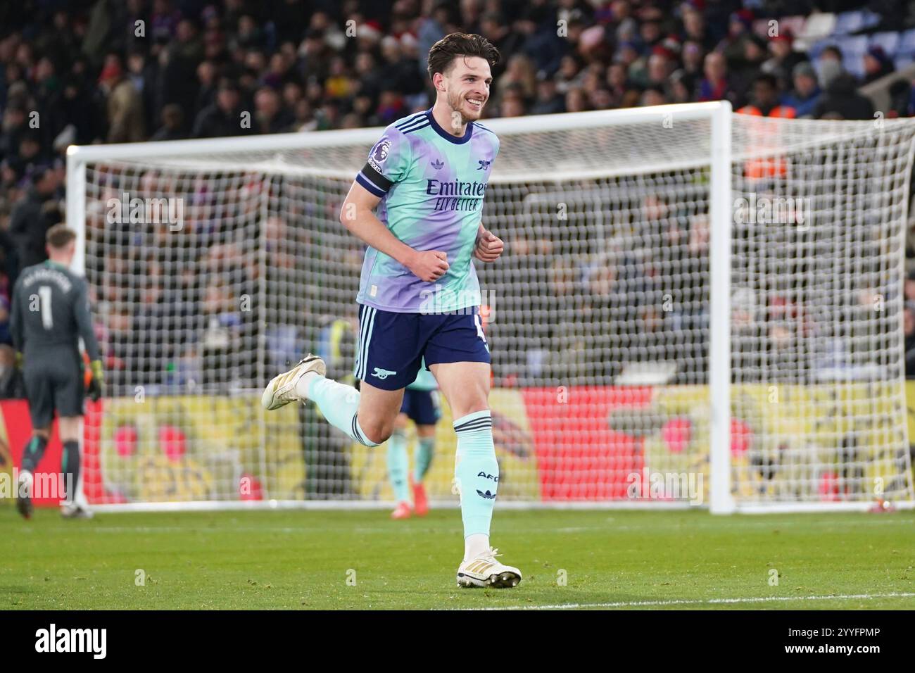 London, UK. 21st Dec, 2024. Declan Rice of Arsenal celebrating his goal ...