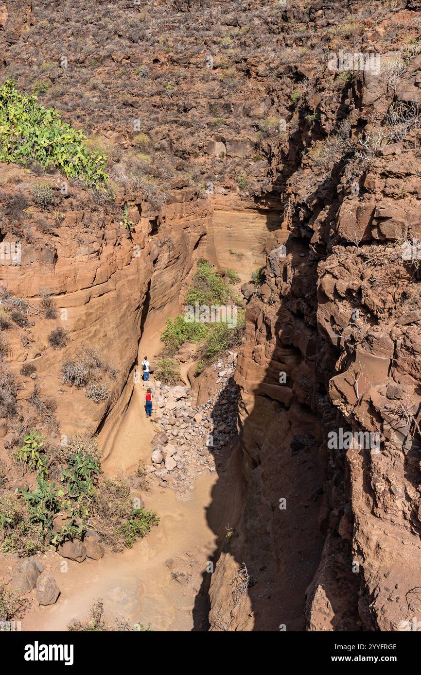 A group of people are walking down a narrow path in a rocky canyon. The ...