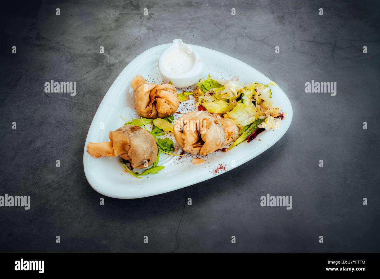 A plate of golden-brown samosas served with a fresh side salad and ...