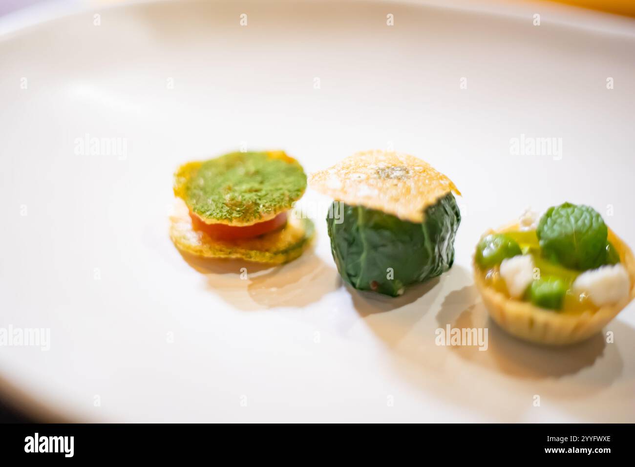 Elegant bite sized appetizers arranged on a plate, exquisite dish ...
