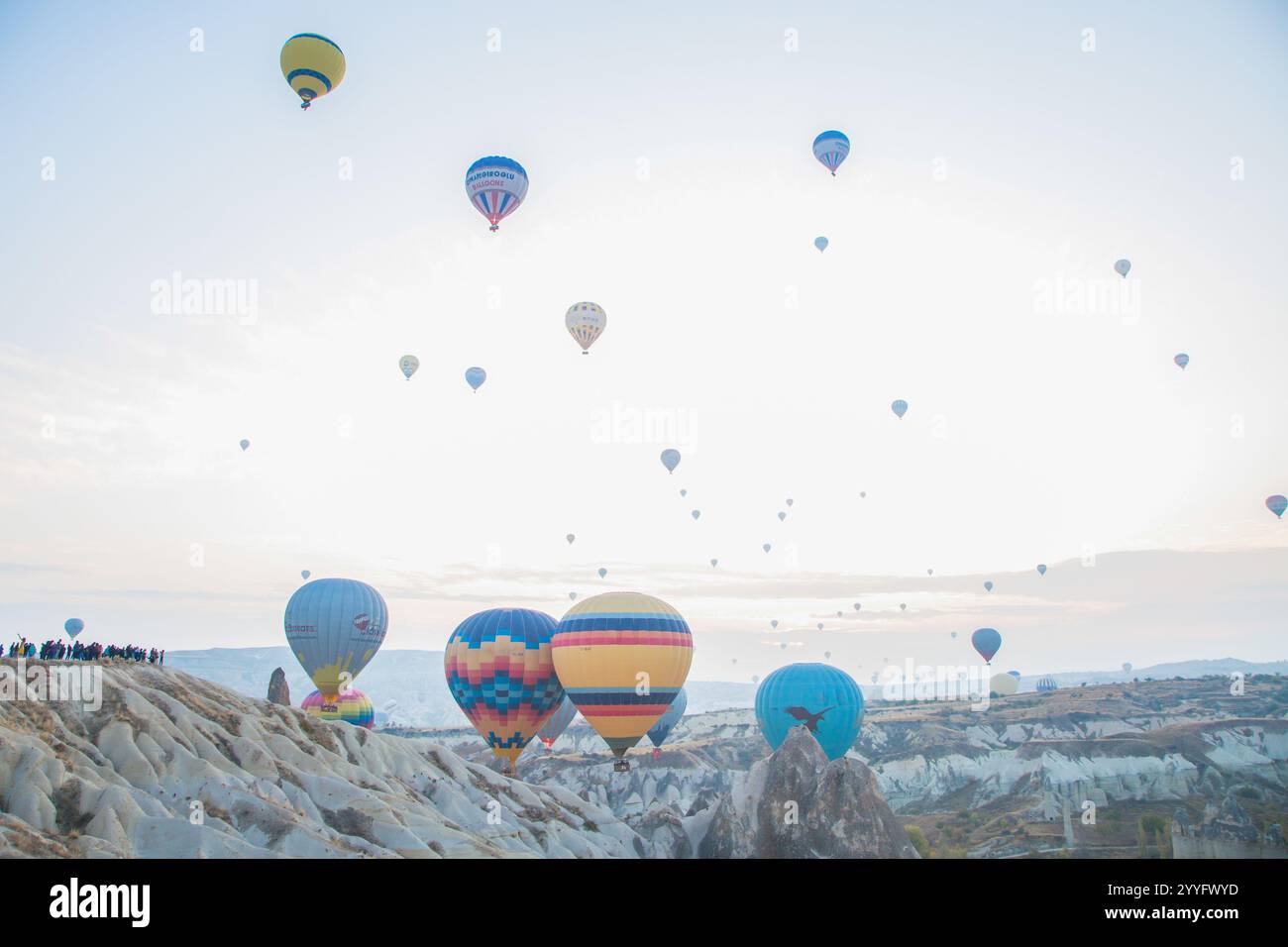 Balloons at dawn in the landscape of cappadocia. High quality photo ...