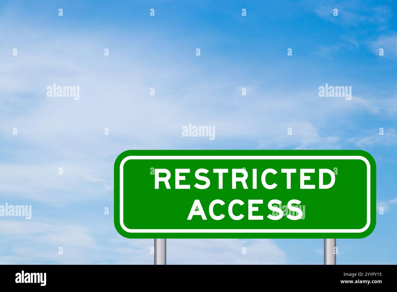 Green color transportation sign with word restricted access on blue sky ...