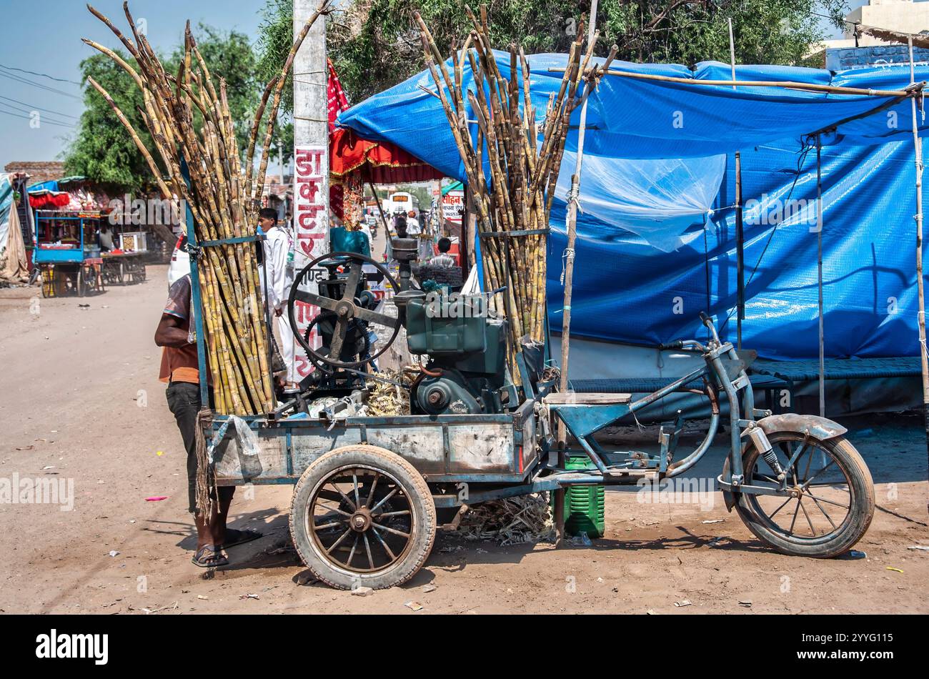 Sugar cane juice stall, Ramdevra fair, Rajasthan, India. September 2015 ...