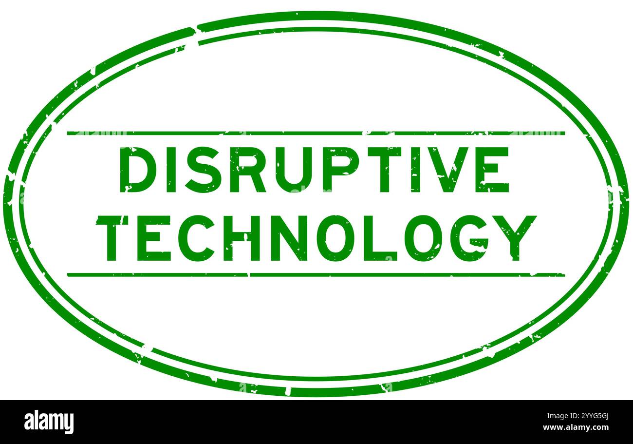 Grunge green disruptive technology word oval rubber stamp in white ...