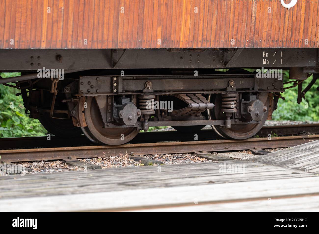 Wheels of a vintage passenger train car Stock Photo - Alamy