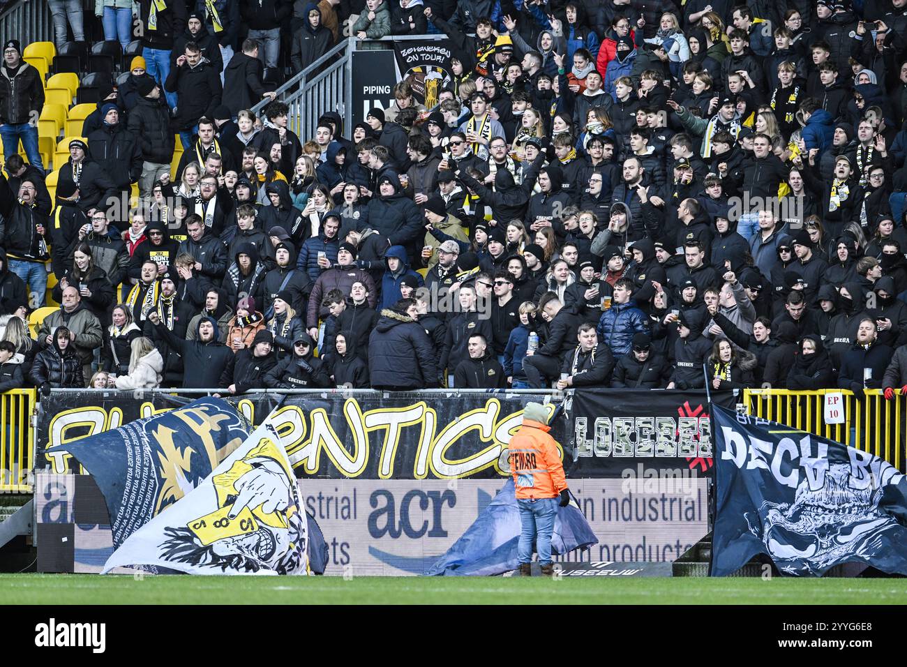 Lokeren, Belgium. 22nd Dec, 2024. Lokeren's supporters pictured at the ...