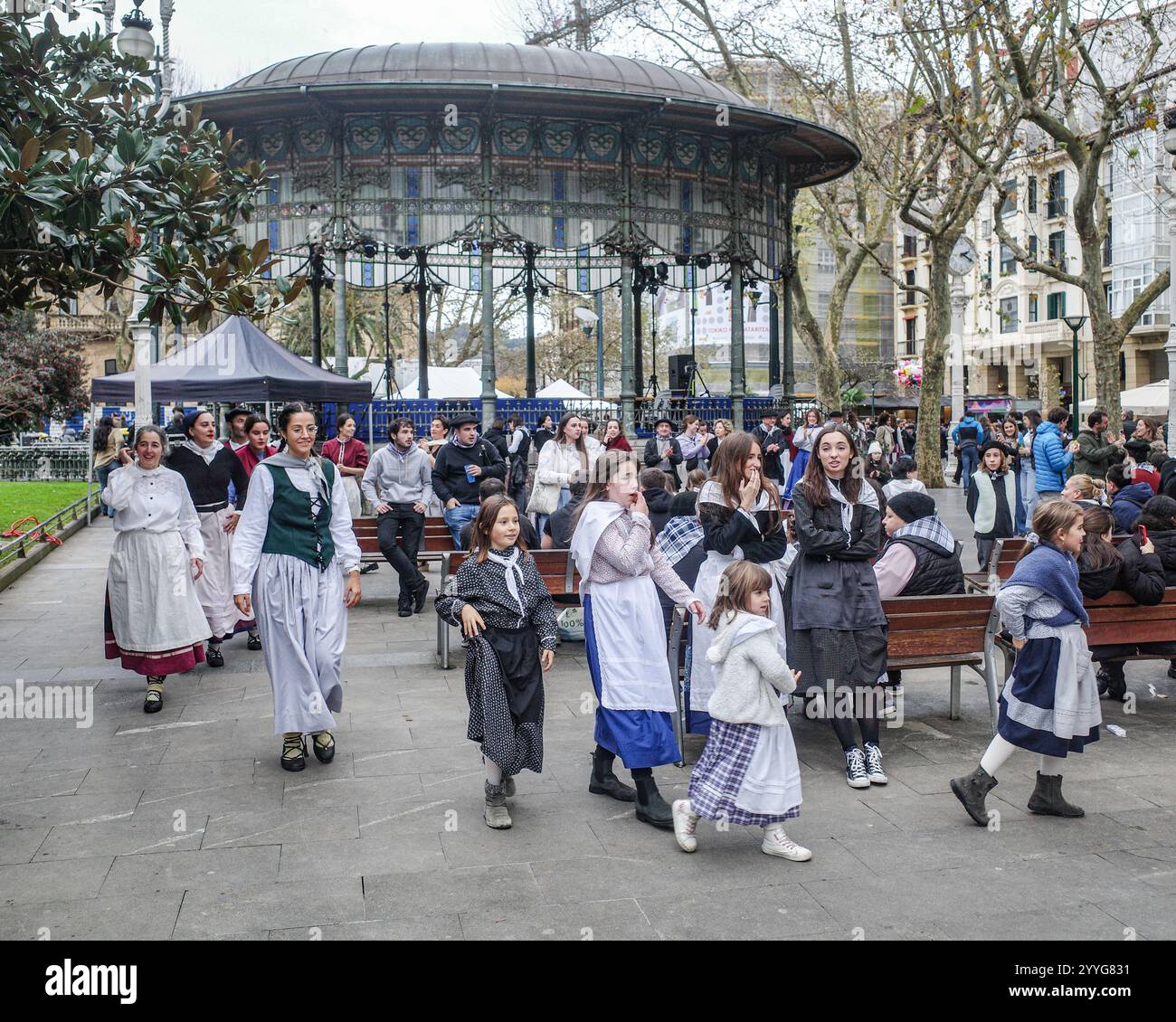 San Sebastian, Spain - Dec 21, 2024: Girls in traditional Basque dress ...