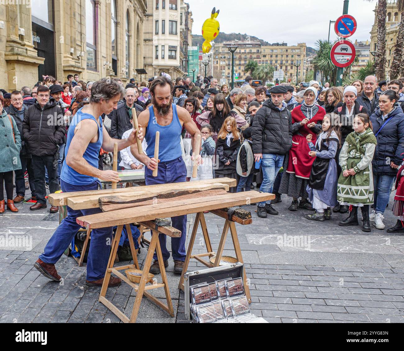 San Sebastian, Spain - 22 Dec, 2024: Musicians playing the Txalaparta ...