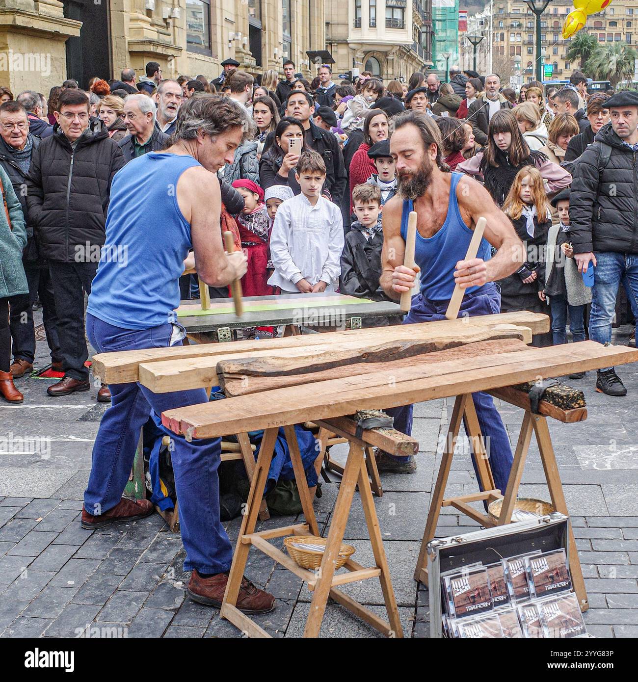 San Sebastian, Spain - 22 Dec, 2024: Musicians playing the Txalaparta ...