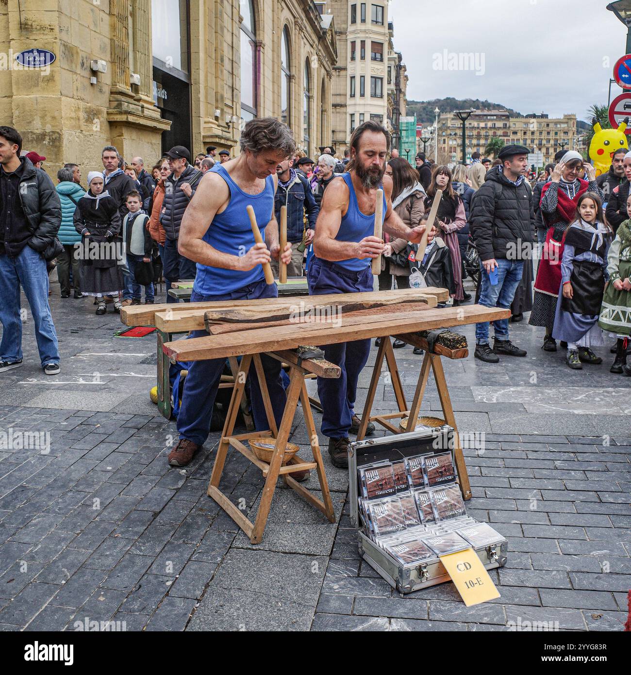 San Sebastian, Spain - 22 Dec, 2024: Musicians playing the Txalaparta ...
