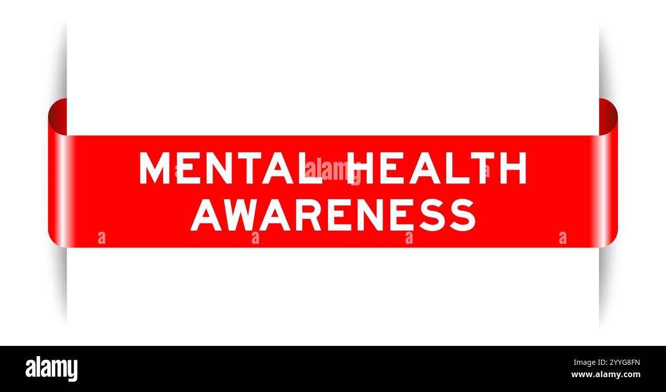 Red color inserted label banner with word mental health awareness on ...