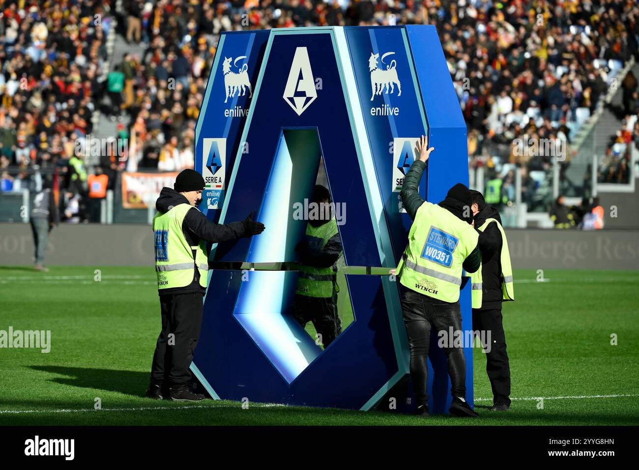 Stewards arrange the Serie A setup during the Serie A football match ...