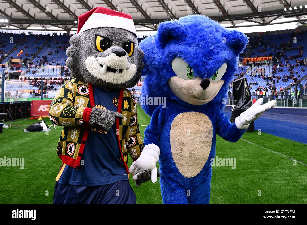 Rome, Italy. 22nd Dec, 2024. Romolo A.S. Roma Mascotte and Sonic during ...