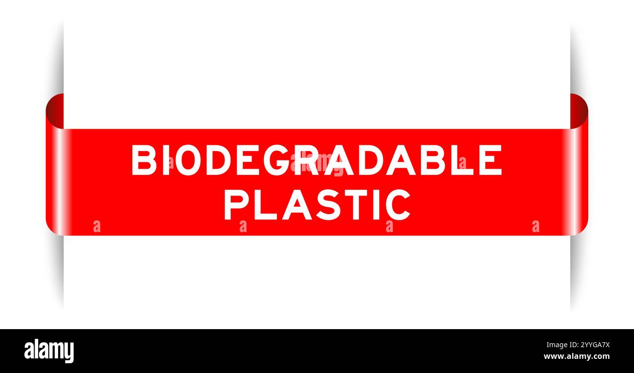 Red color inserted label banner with word biodegradable plastic on ...