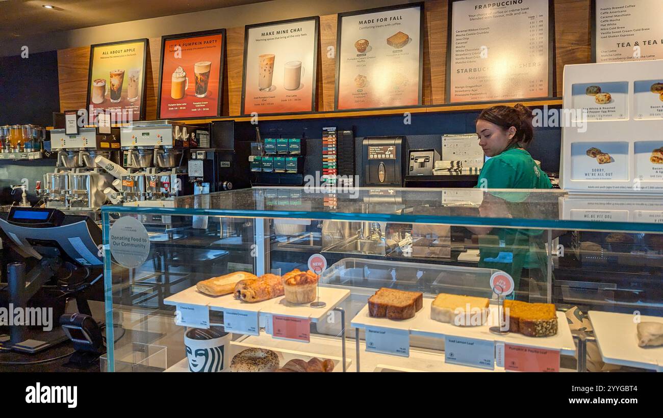 Starbucks Bakery Display: Busy Barista Preparing Drinks for Customers ...