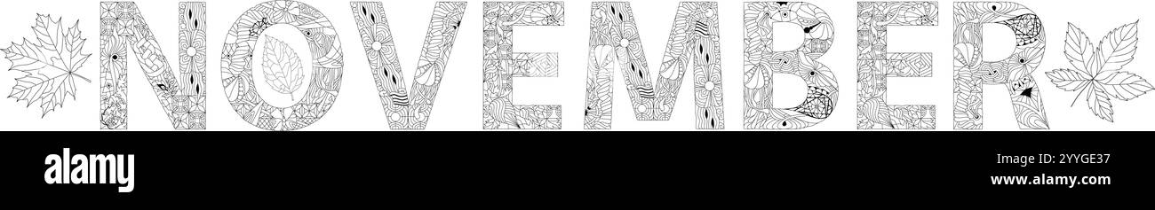 Hand-painted art design for coloring. Illustration word NOVEMBER for t ...
