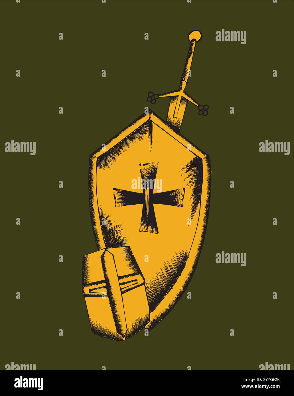 Medieval crusader shield, helmet and sword protecting christianity ...