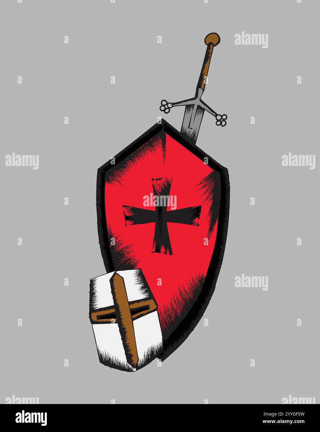 Medieval crusader shield, helmet and sword protecting christianity ...