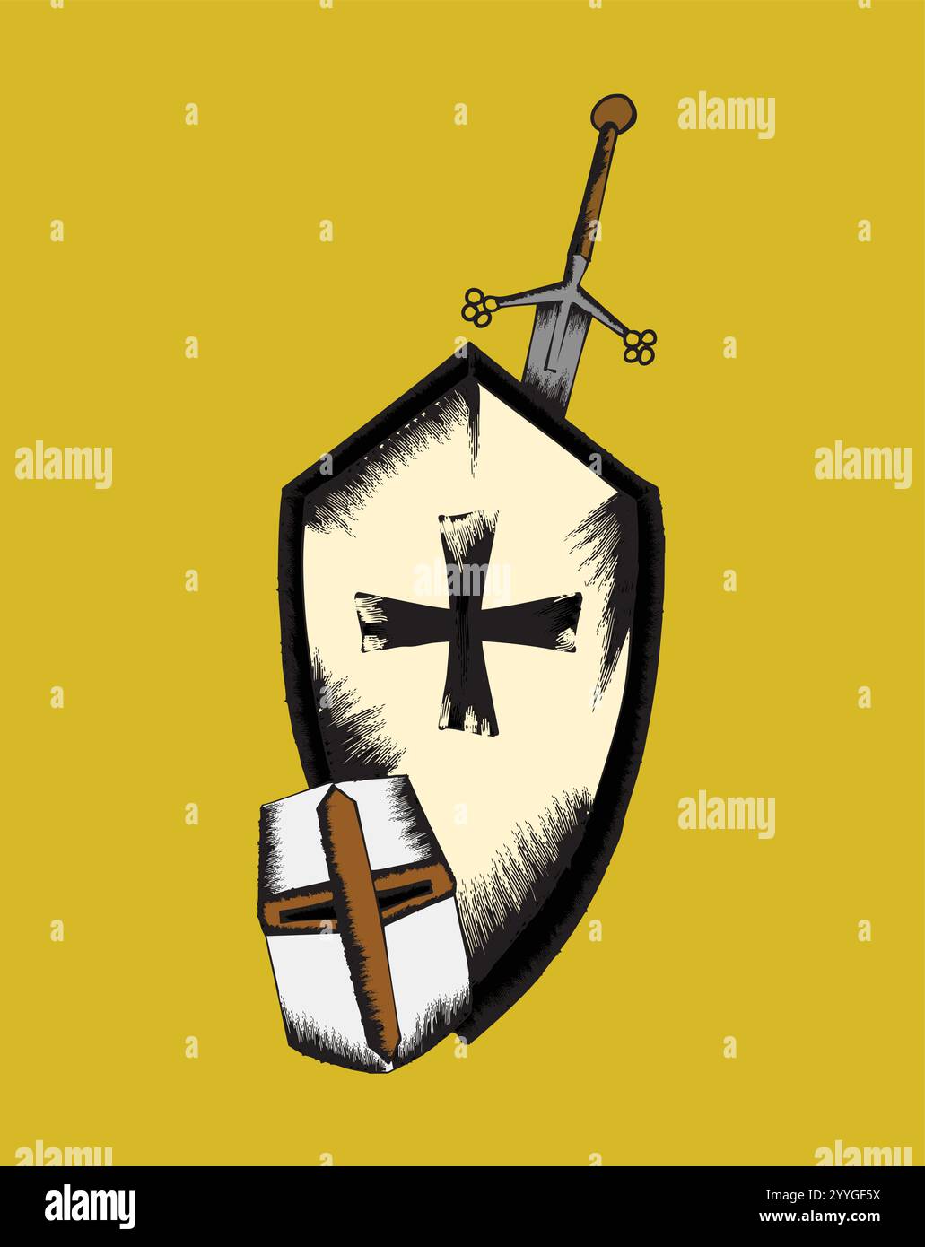 Medieval crusader shield, helmet and sword protecting christianity ...