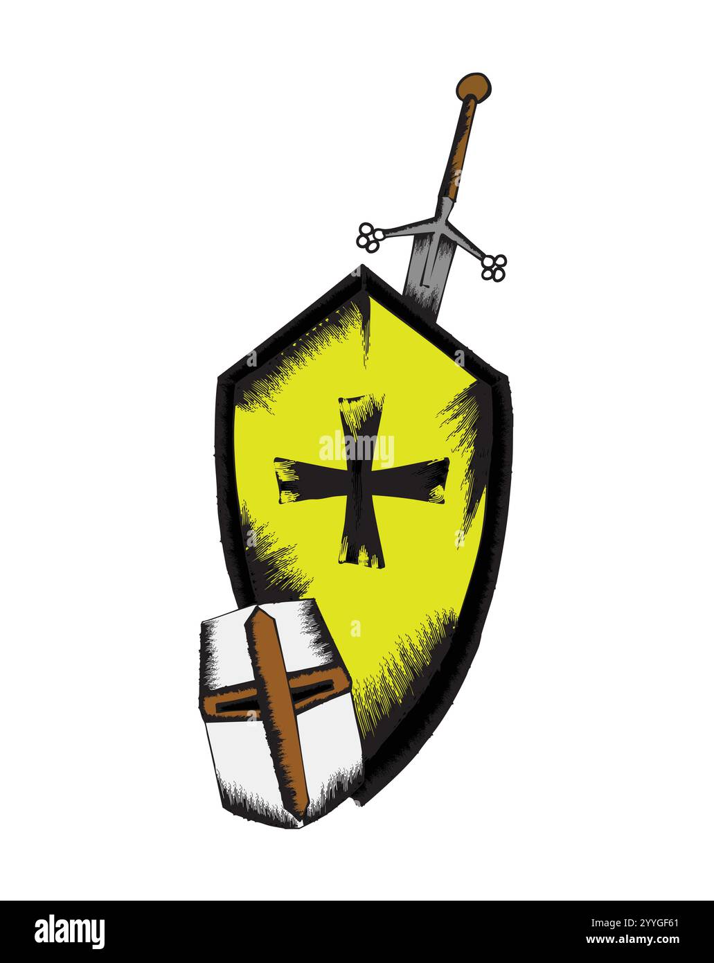 Medieval crusader shield, helmet and sword protecting christianity ...