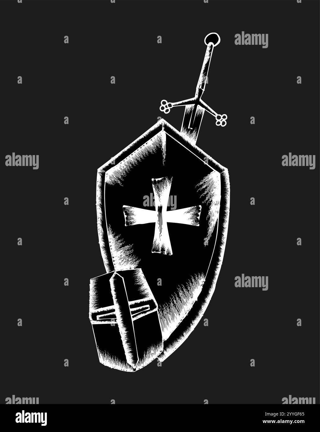 Medieval crusader shield, helmet and sword protecting christianity ...