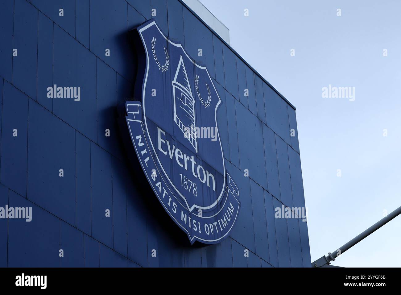 The Everton badge on the side of a stand at Goodison Park during the ...