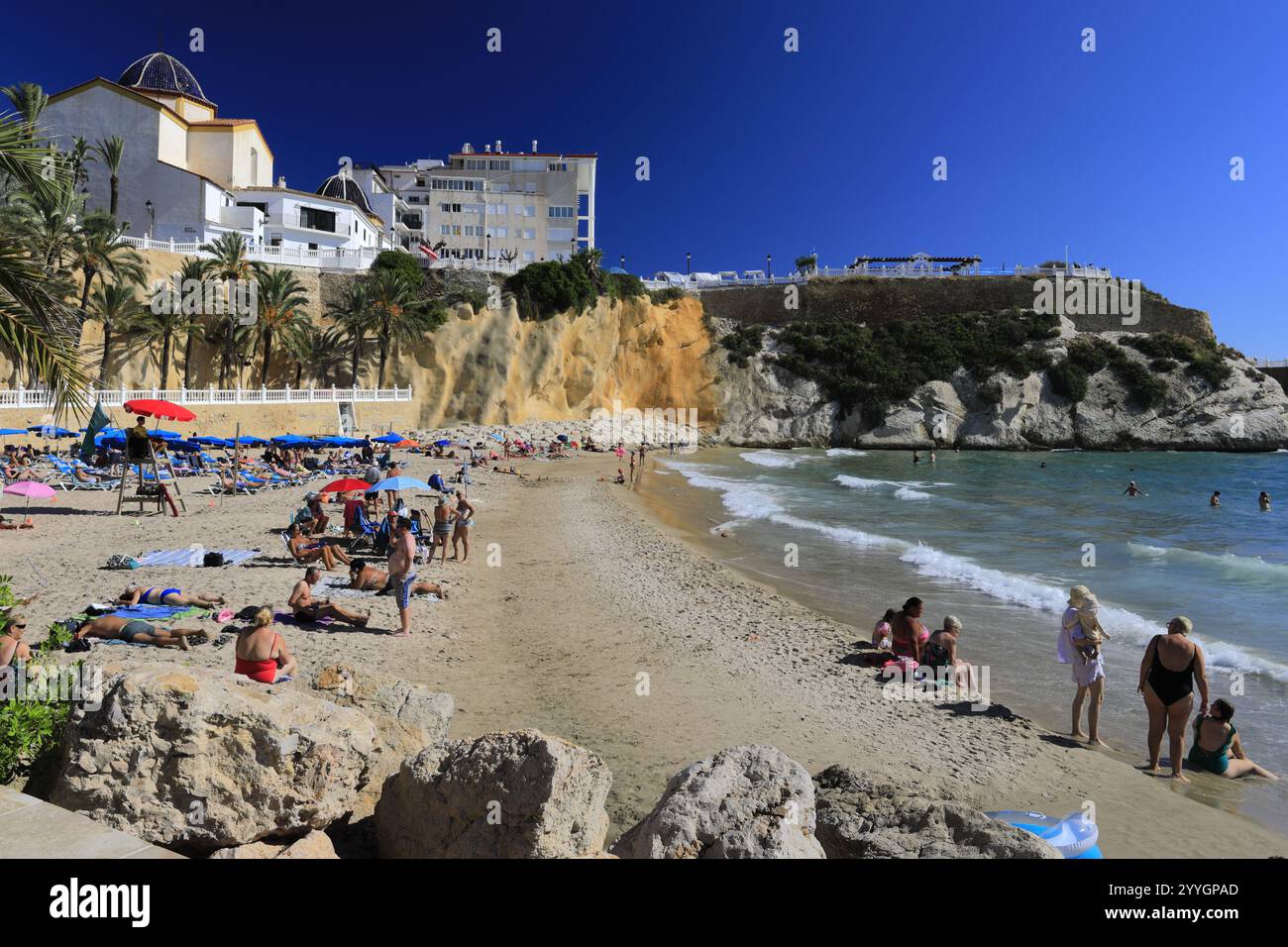 View over Cala del Mal Pas beach, Benidorm town, Costa Blanca, Valencia ...