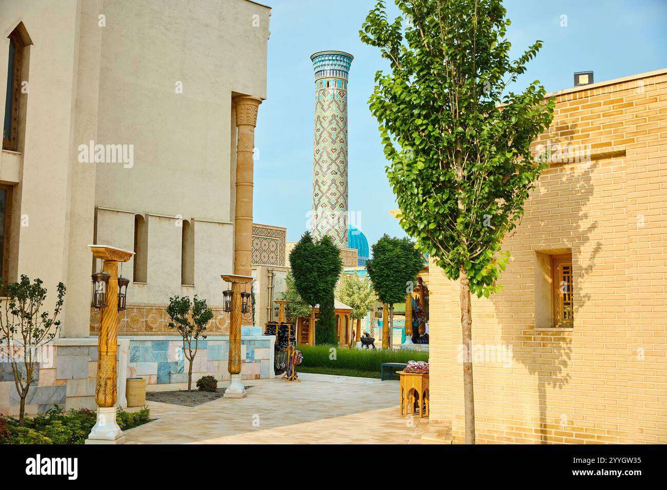 Mosque with minaret near old buildings in Samarkand Eternal city Boqiy ...