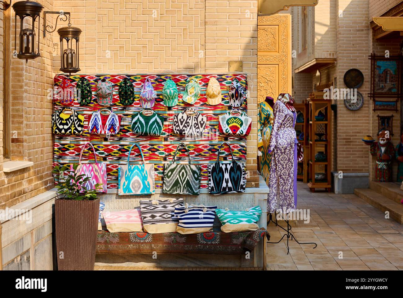 Ethnic colorful traditional cap and bags with traditional uzbek ...