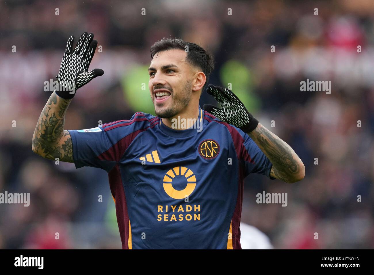 Roma's Leandro Paredes celebrates after scoring his side's fourth goal ...