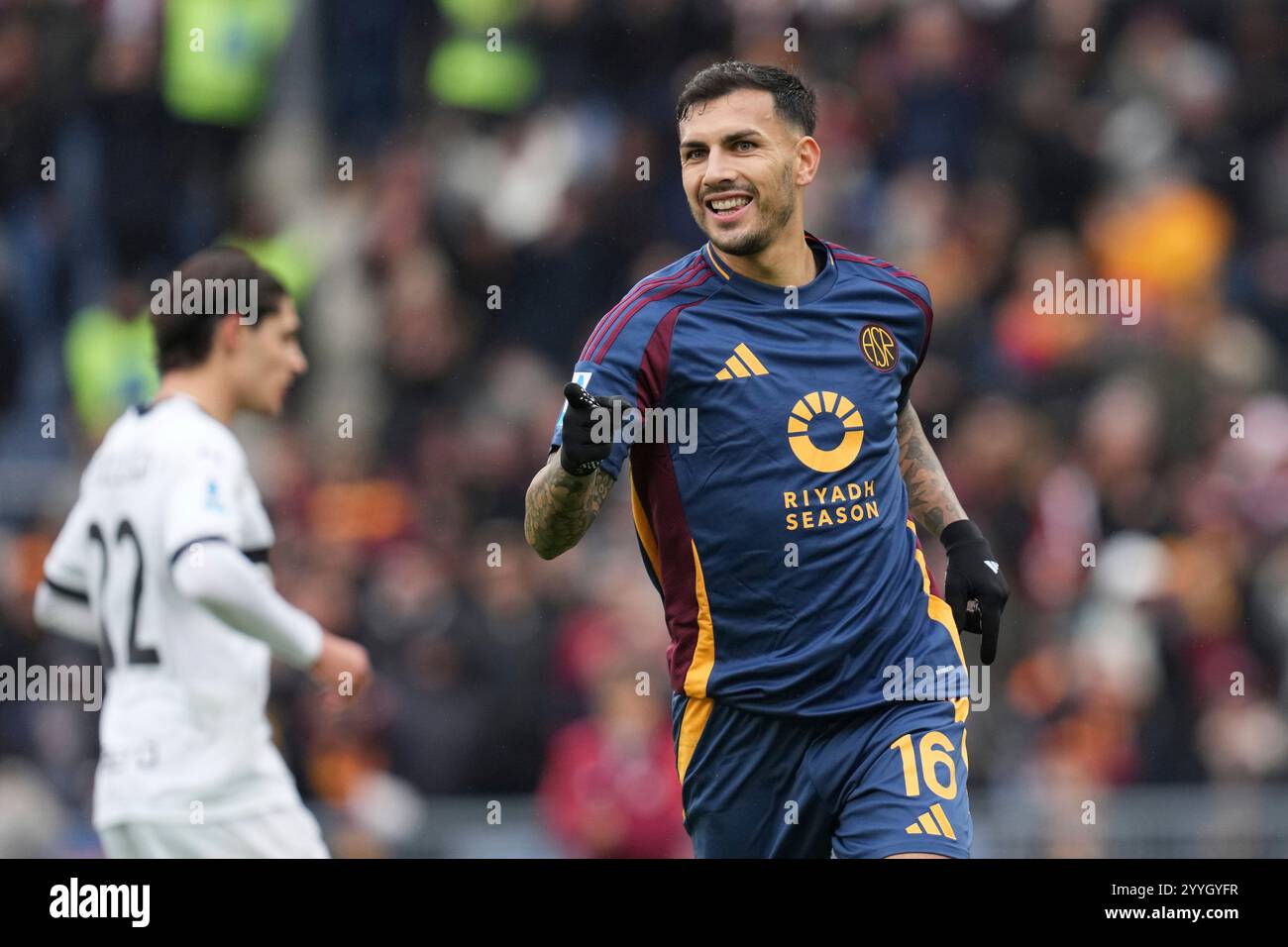 Roma's Leandro Paredes celebrates after scoring his side's fourth goal ...