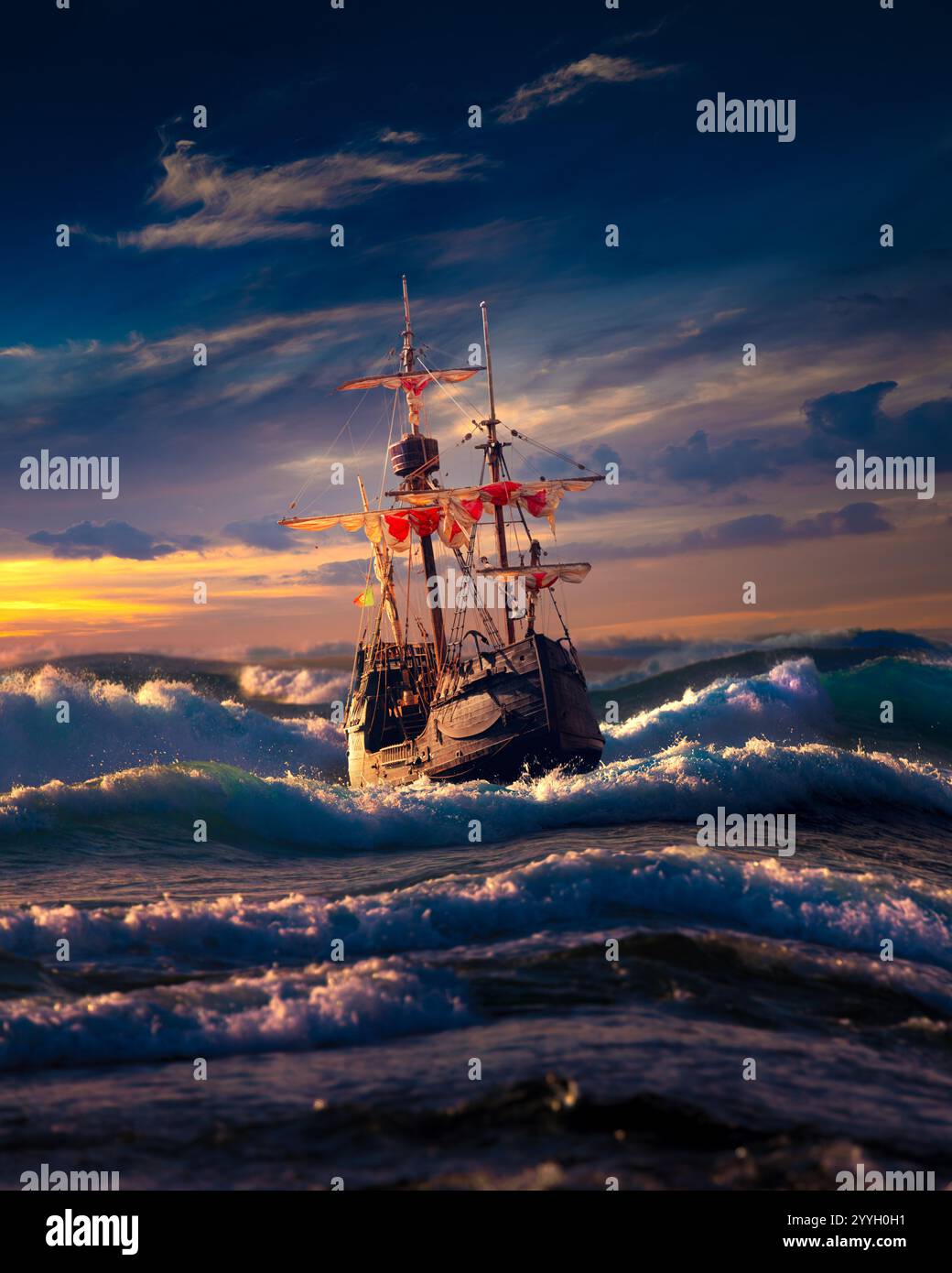 Grand view of an old sailing ship from the times of pirates on the high ...