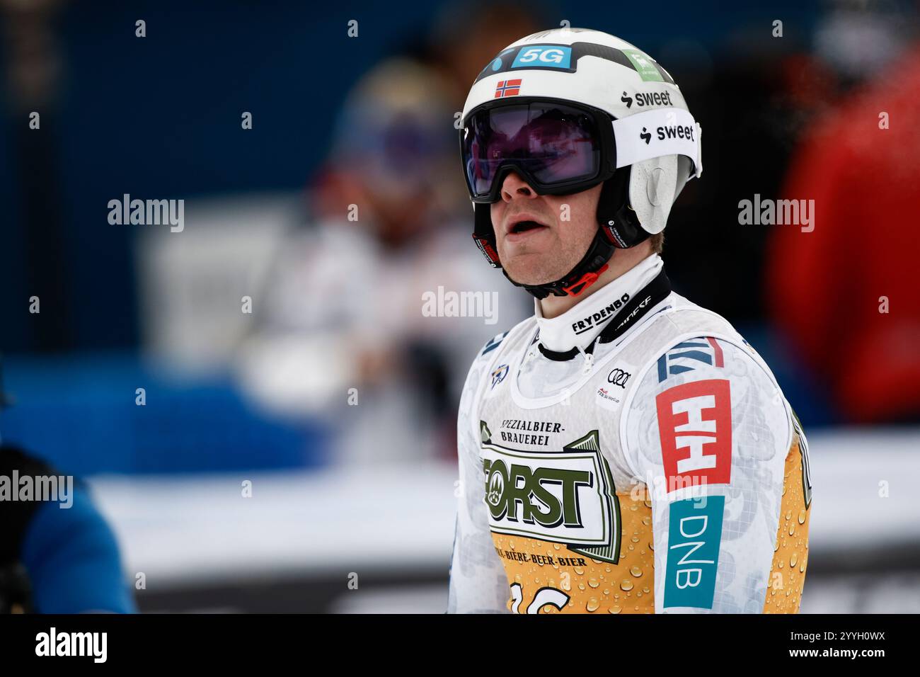 Norway's Timon Haugan checks his time at the finish area of an alpine ...