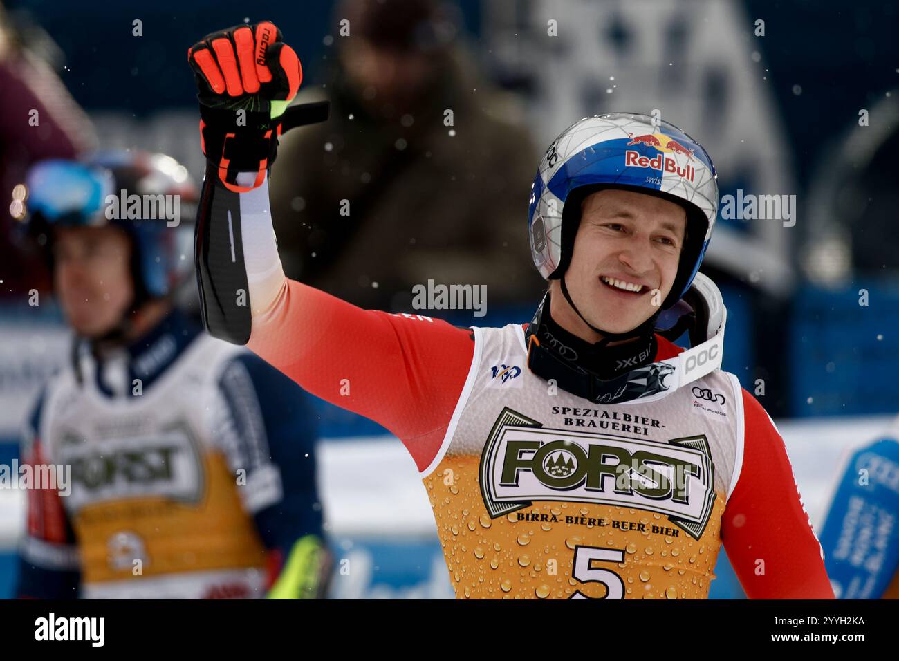 Switzerland's Marco Odermatt celebrates at the finish area of an alpine ...