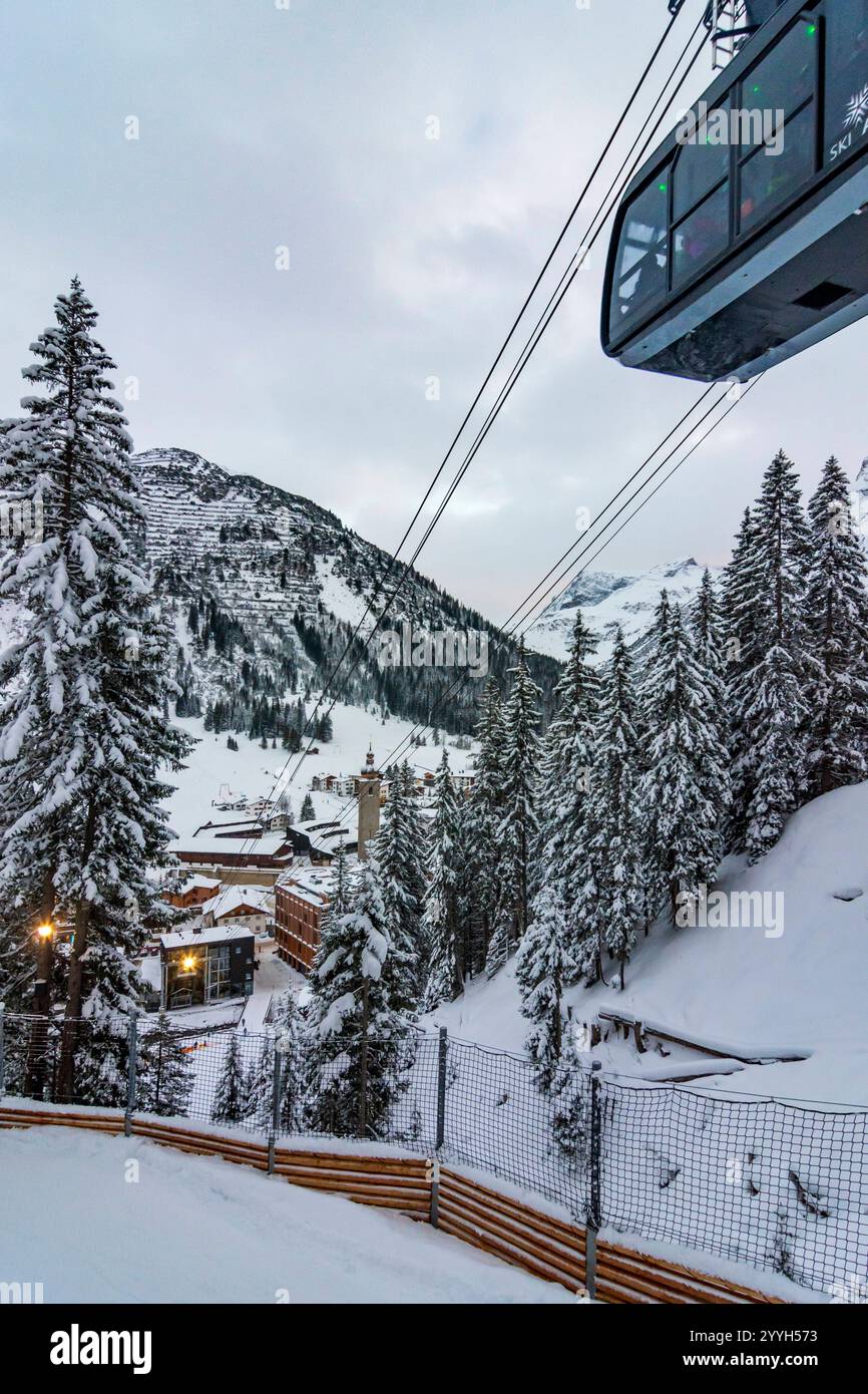 winter in Lech, church Lech, cable car Oberlech Lech Arlberg Vorarlberg ...