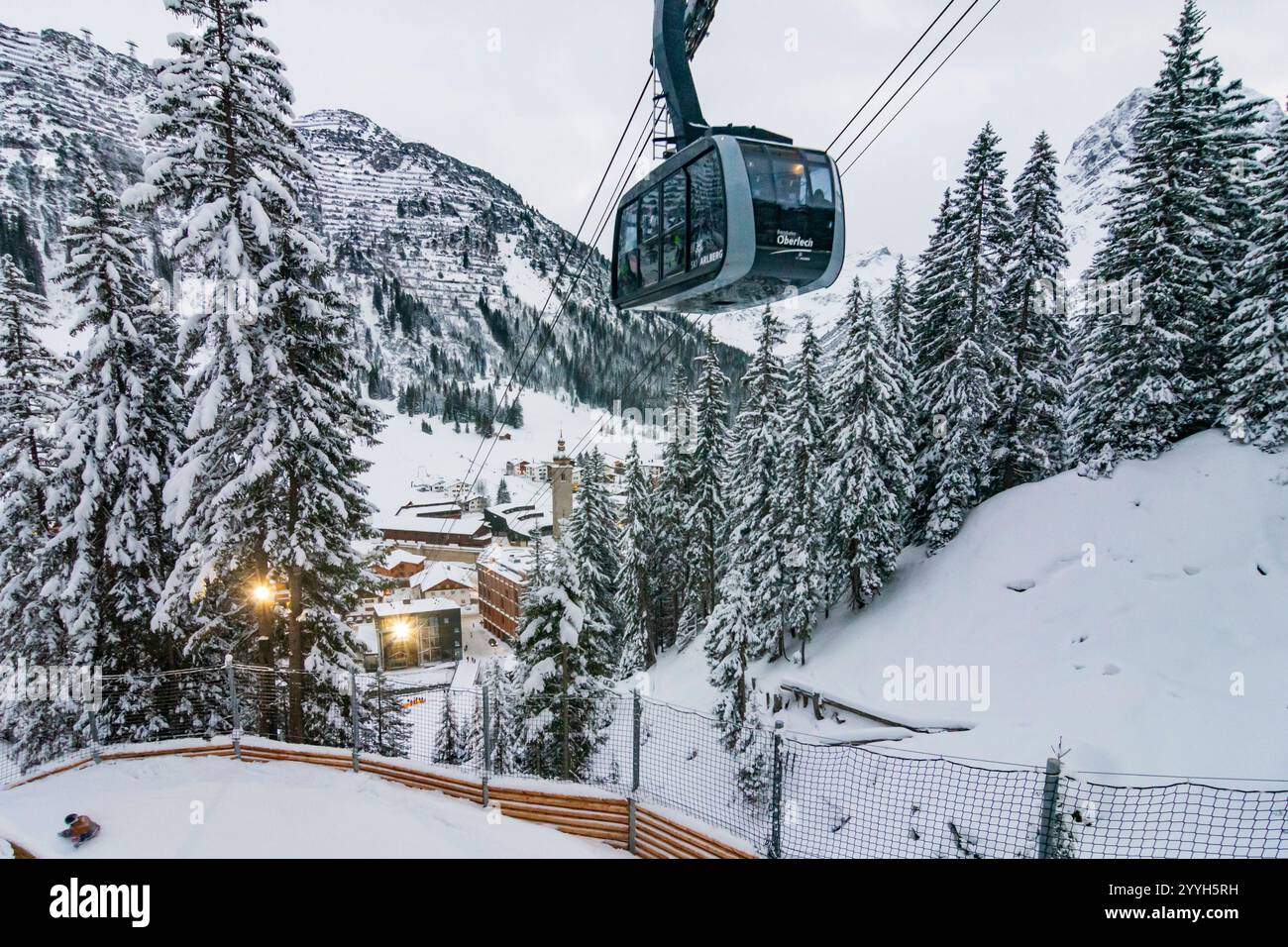 winter in Lech, church Lech, cable car Oberlech, sledder, sled Lech ...