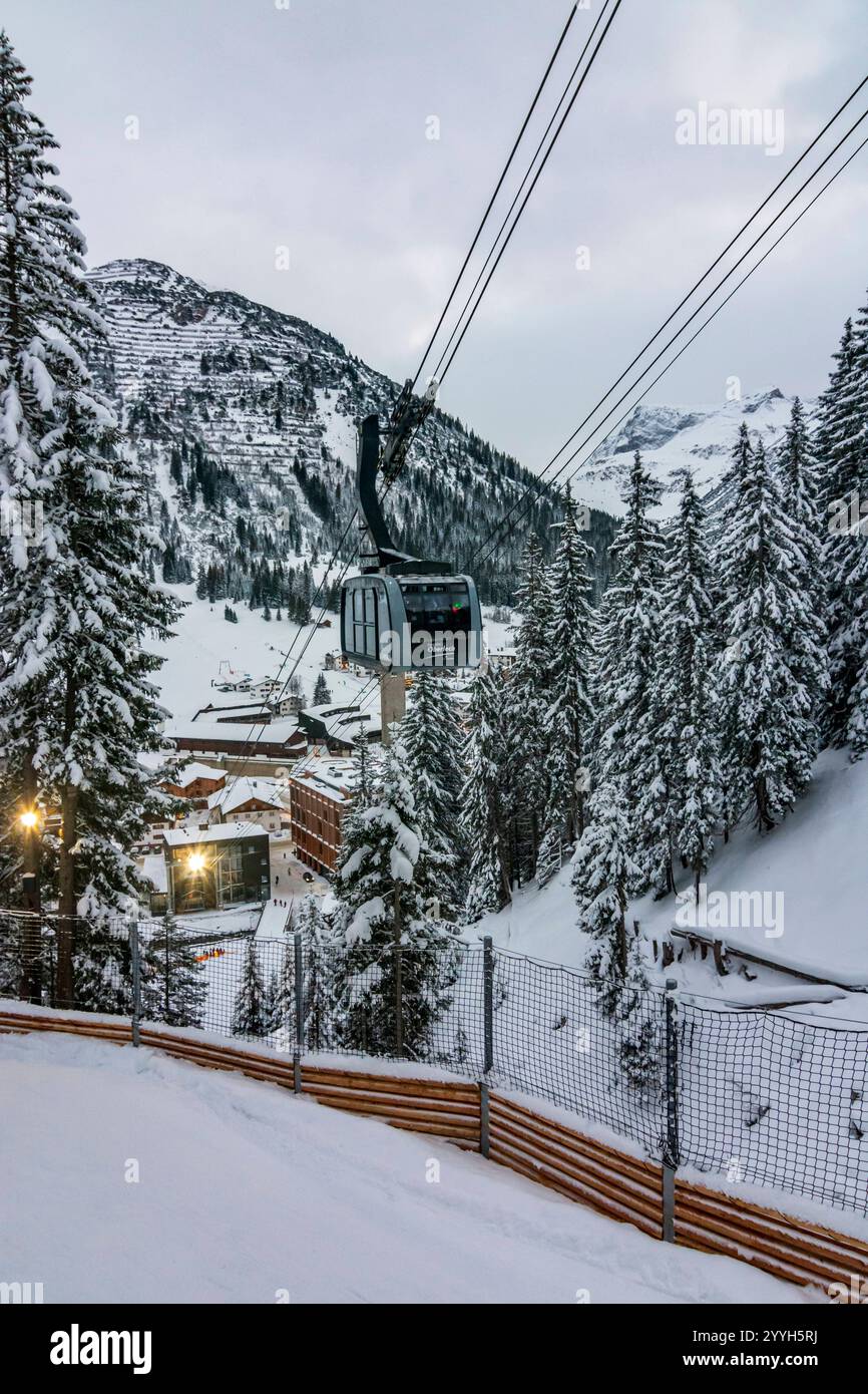 winter in Lech, church Lech, cable car Oberlech Lech Arlberg Vorarlberg ...