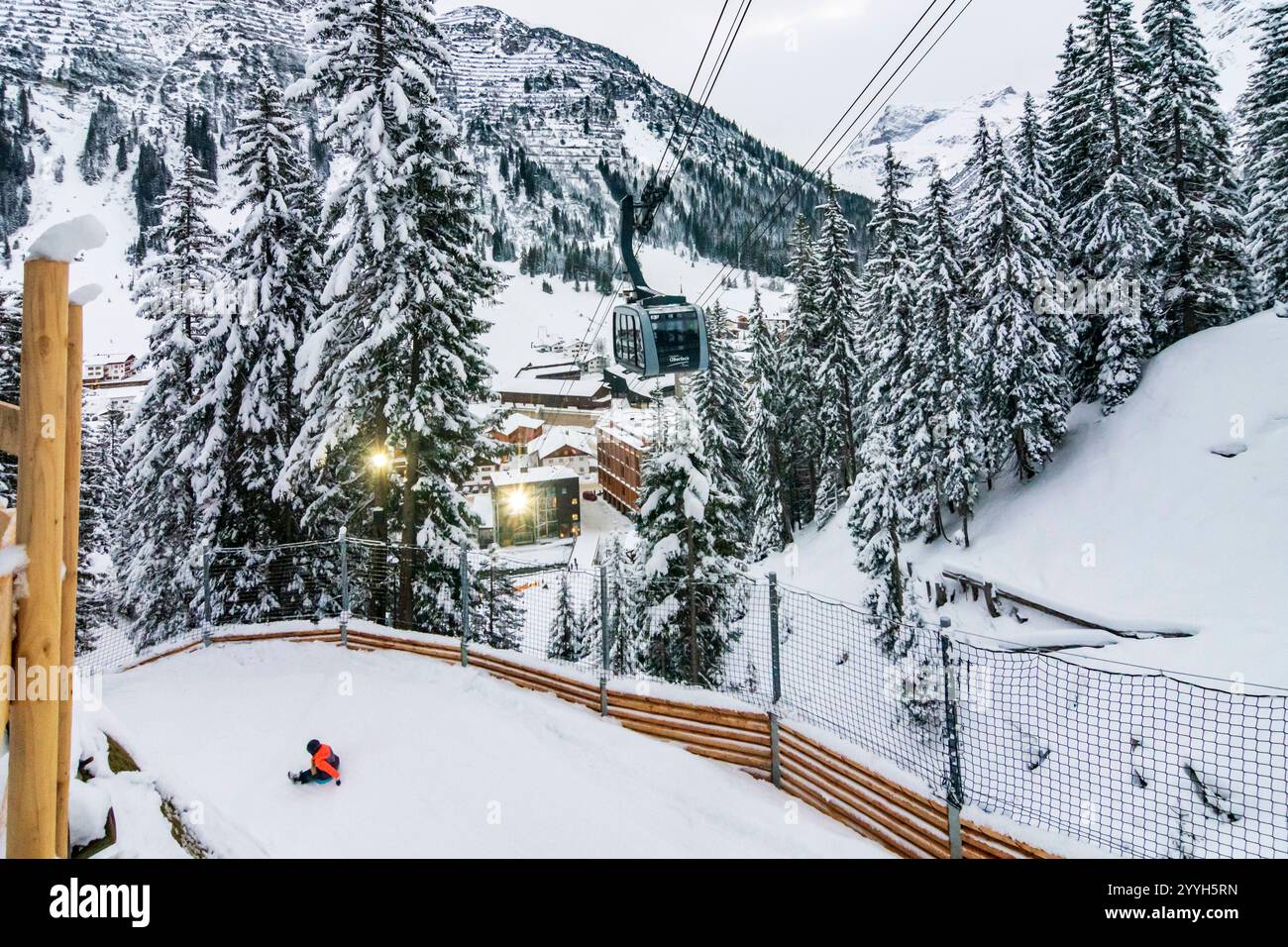 winter in Lech, church Lech, cable car Oberlech, sledder, sled Lech ...